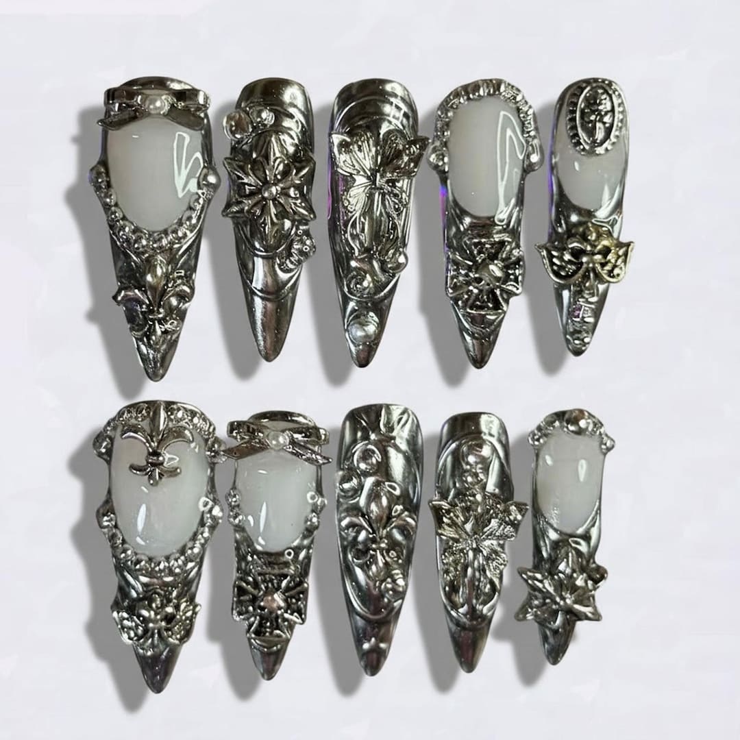 Full Metal Gothic Armor Press on Nail With 3D Silver Charm | Cyberpunk ...