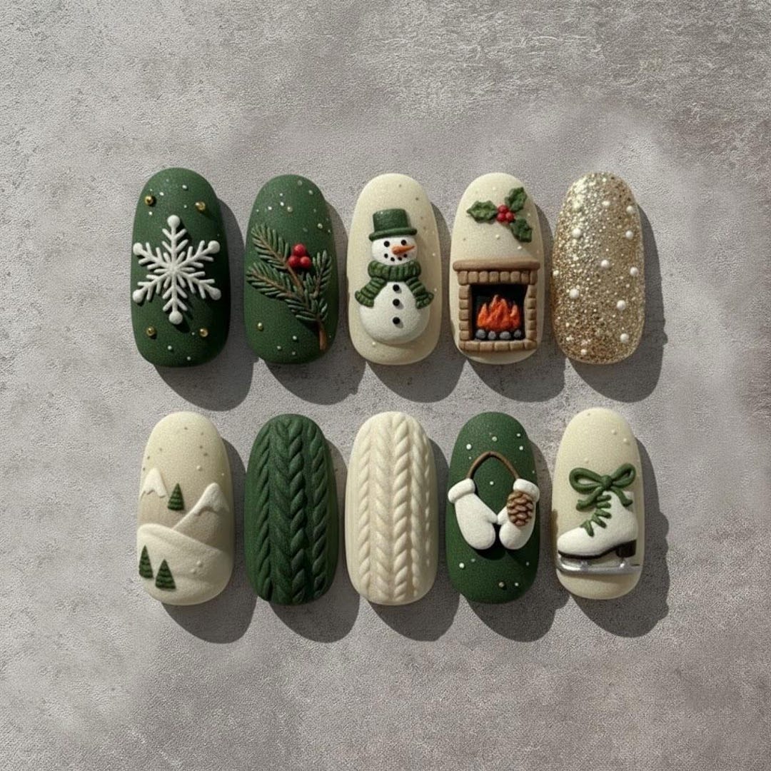 Cozy Green & Cream Winter Press-on Nails – 3D Snowflake, Snowman and ...