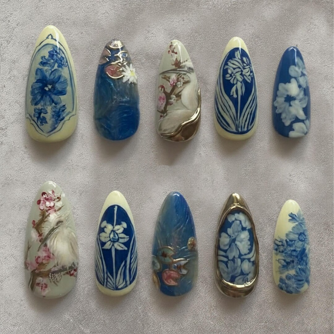 Handmade Porcelain Floral Press on Nails: Blue Blossoms & Golden ...