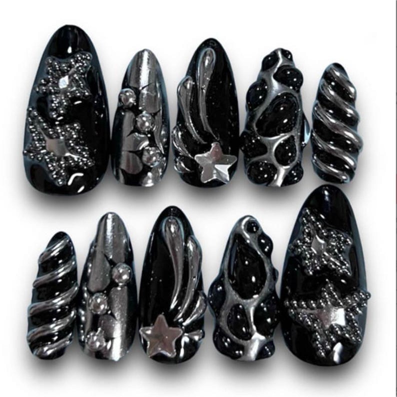 Galactic Star Press on Nails | 3D Chrome Stars | Metallic Swirl Texture ...