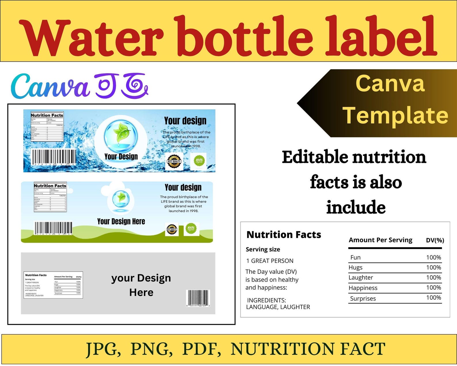 Water Bottle Label Template| DIY Bottle Wrap|custom Bottle Sticker ...
