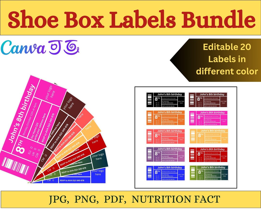 Editable Shoe Box Labels: 20 Canva Template Designs (instant Download ...