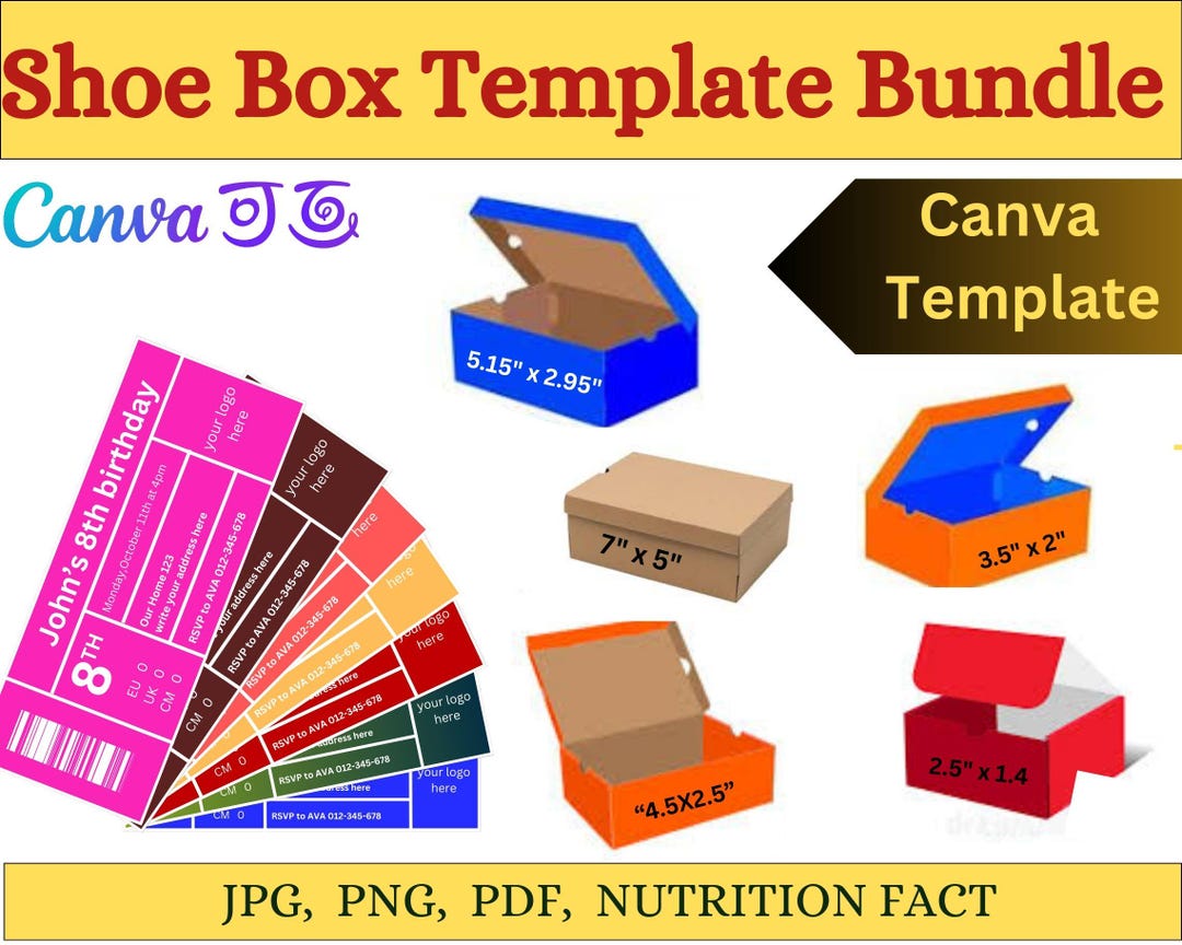Shoe Box Template Bundle: 5 Sizes & Editable Labels (SVG, PDF, Canva ...