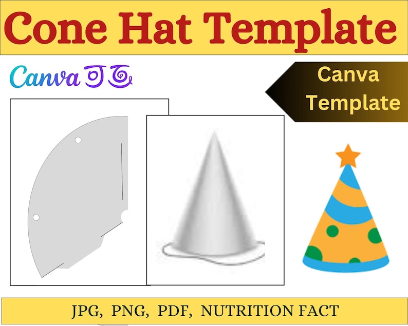 Party Cone Hat Template| DIY Birthday Hat| Printable Cone Hat| Party Hat SVG| Editable Canva Hat ...