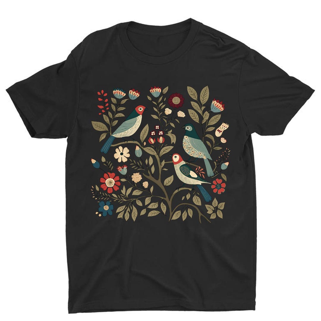 Cottagecore Birds and Flowers T-shirt, Nature-inspired Whimsical T ...