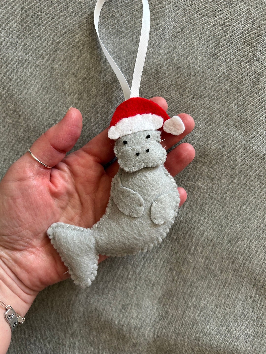 Manatee With Santa Hat Christmas Ornament in Gray Felt Holiday Home ...
