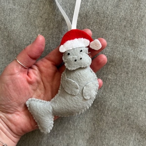 Manatee With Santa Hat Christmas Ornament in Gray Felt Holiday Home ...