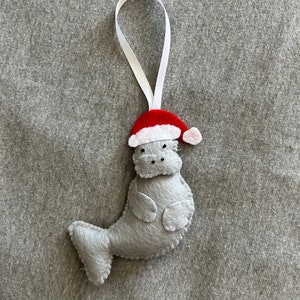 Manatee With Santa Hat Christmas Ornament in Gray Felt Holiday Home ...