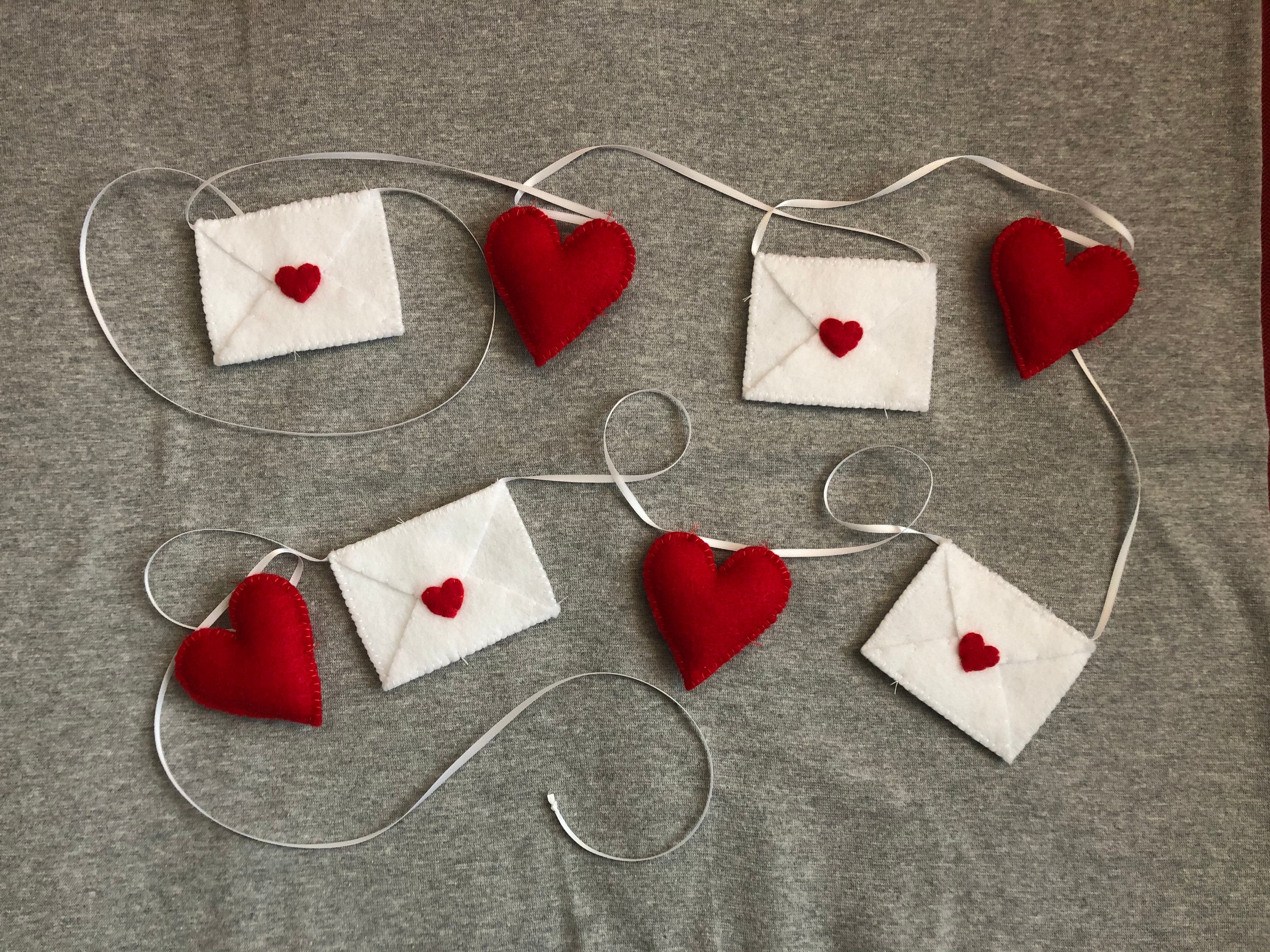 Valentines Day Garland With Red Hearts and White Valentine Envelopes ...