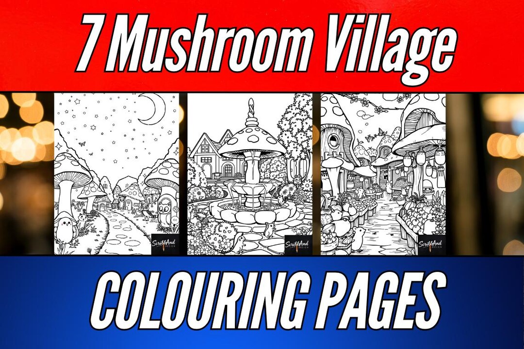 7 Mushroom Village Colouring Pages - Printable Whimsical Colouring Book ...