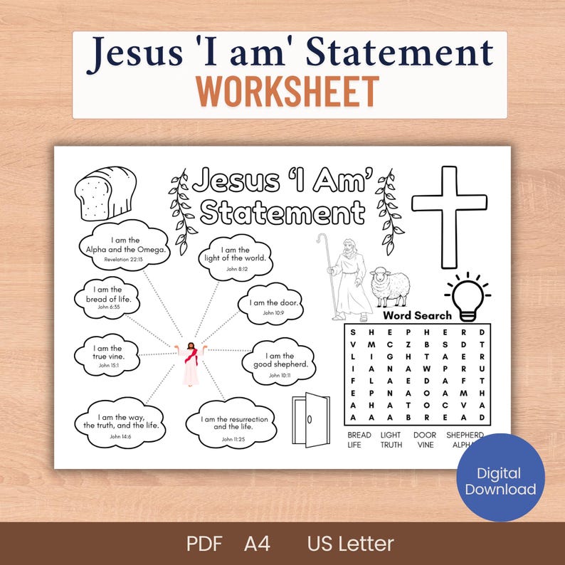 Jesus I Am Statements Coloring Page Word Search Puzzle, Bible Verse ...