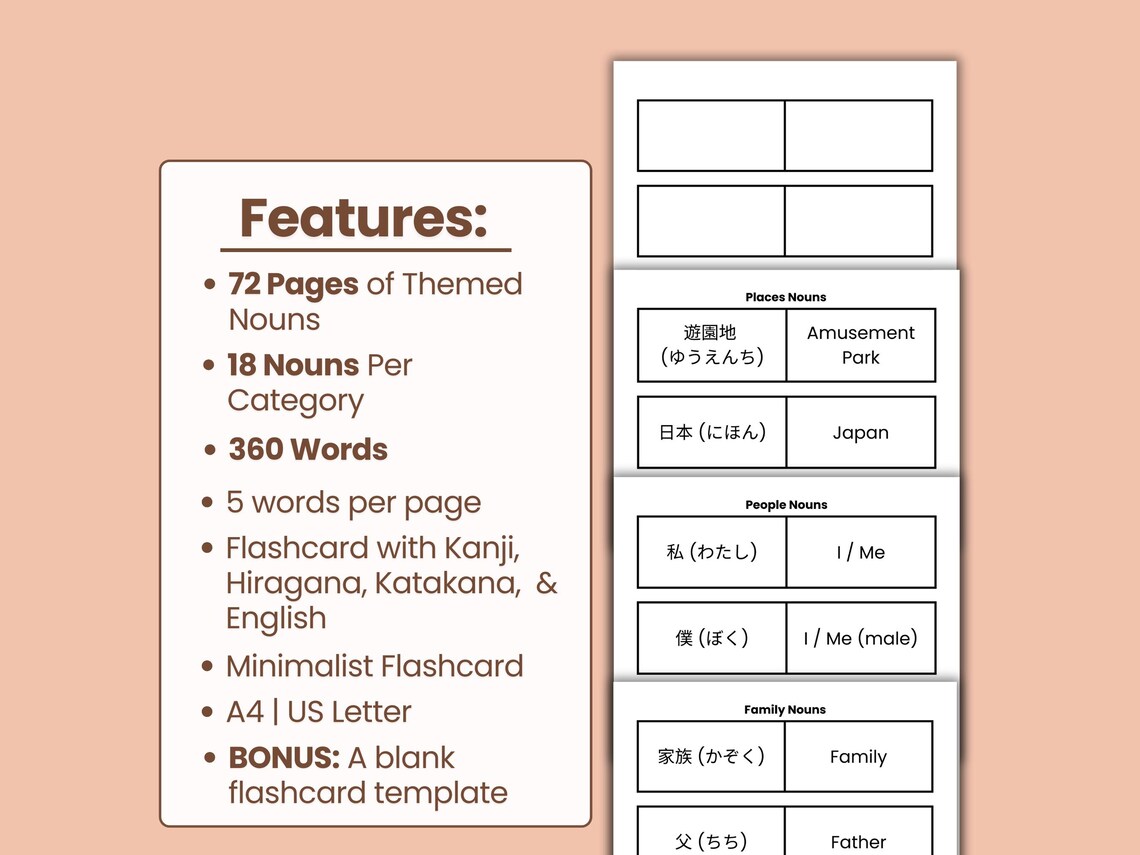 Japanese Nouns Flashcards Beginner Printable PDF Vocabulary Study Guide ...