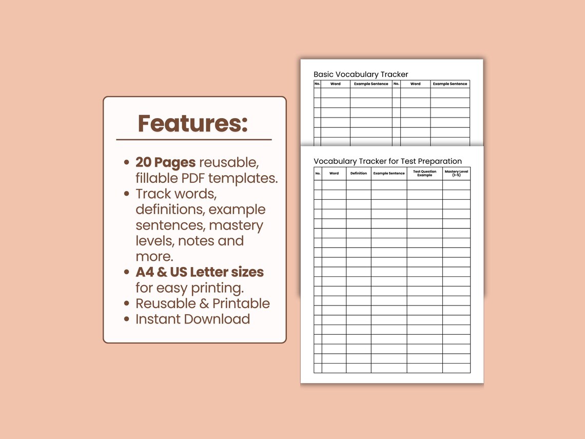 English Vocabulary Tracker Printable PDF Language Learning Planner ...