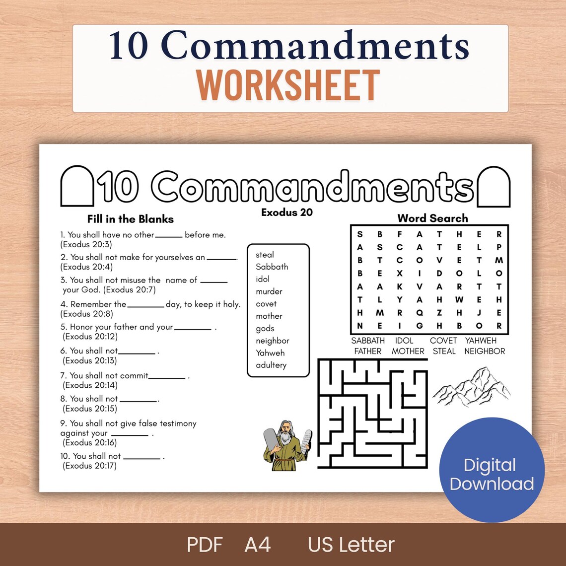 10 Commandments Word Search Fill Blank Quiz Maze Puzzle, Bible Verse Activity Worksheet Exodus ...