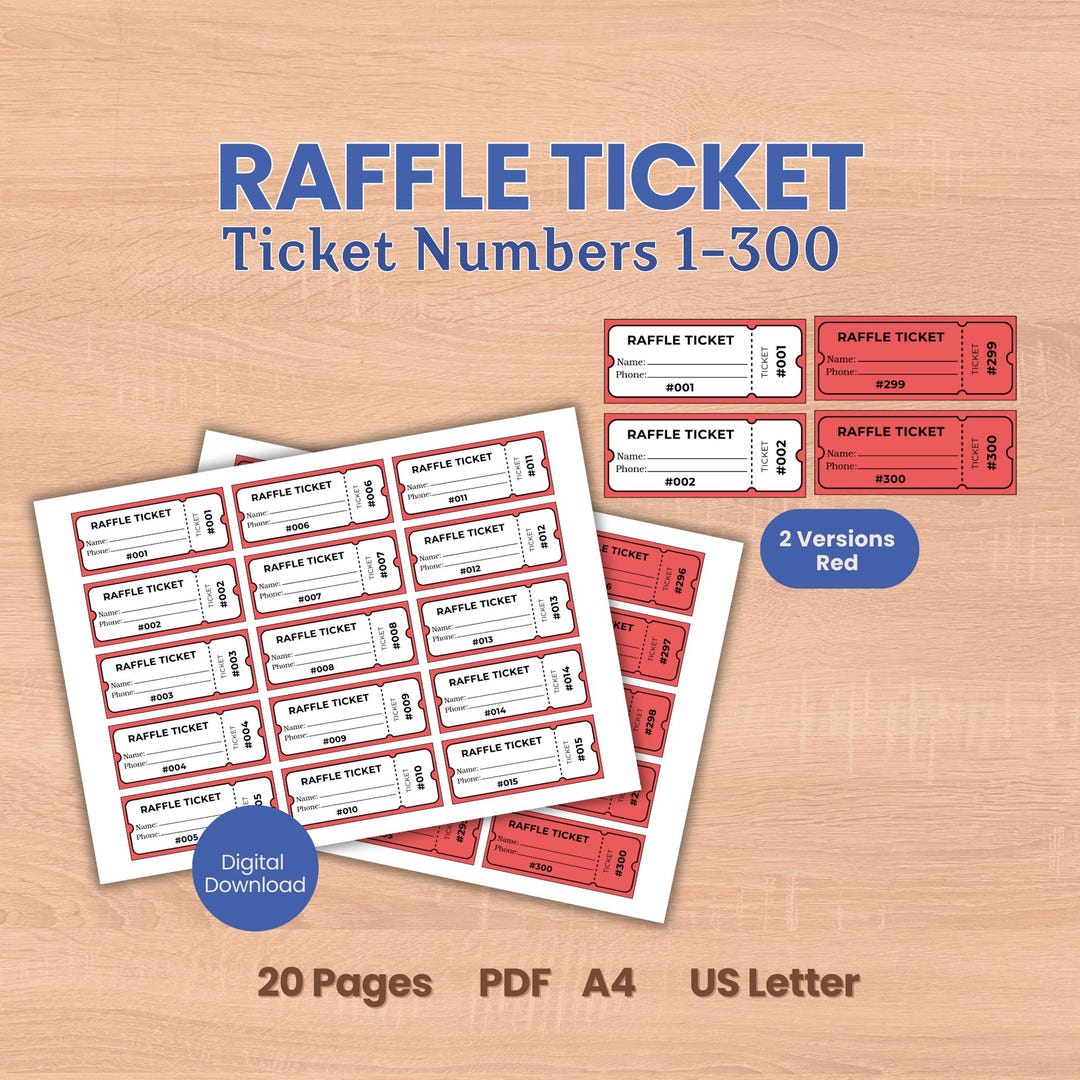 Raffle Ticket Numbered 1 to 300 Red Landscape Template Name Phone Entry ...