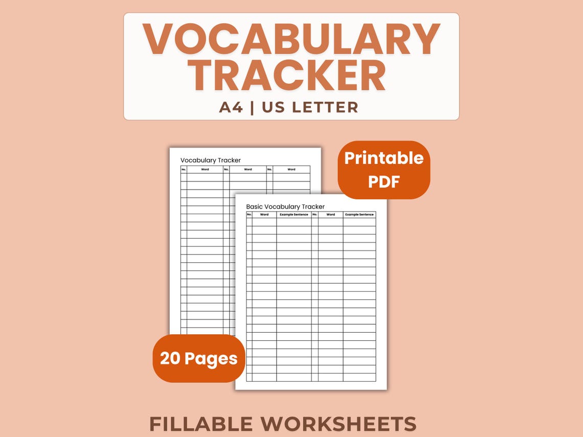 English Vocabulary Tracker Printable PDF Language Learning Planner ...