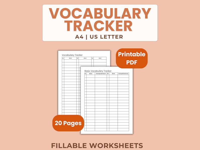 English Vocabulary Tracker Printable PDF Language Learning Planner ...