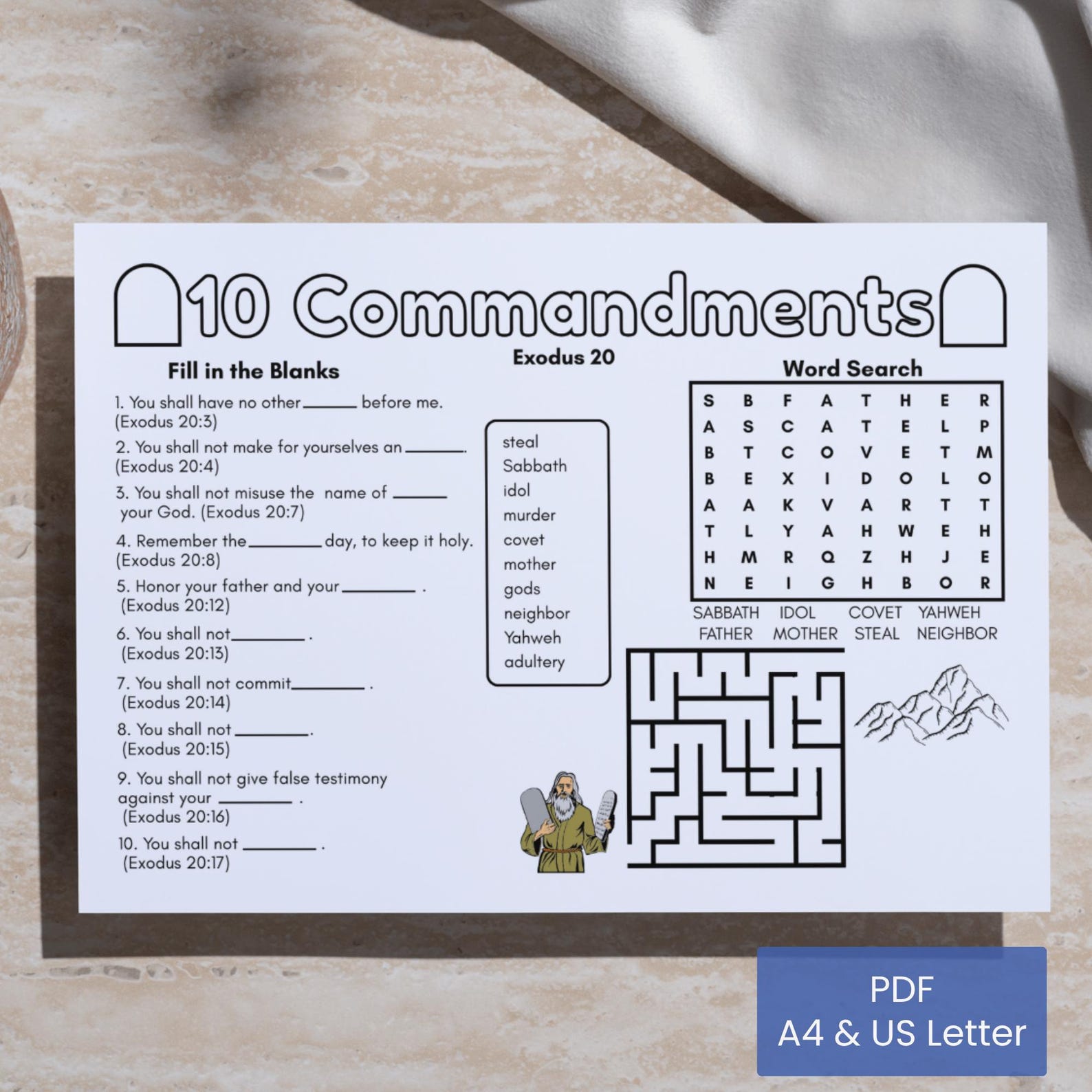 10 Commandments Word Search Fill Blank Quiz Maze Puzzle, Bible Verse Activity Worksheet Exodus ...
