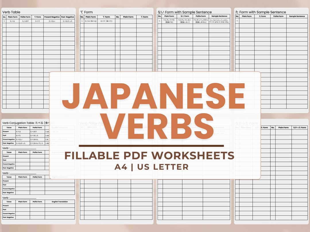 Japanese Verb Conjugation Learn Practice Sheets Template | Fillable PDF ...