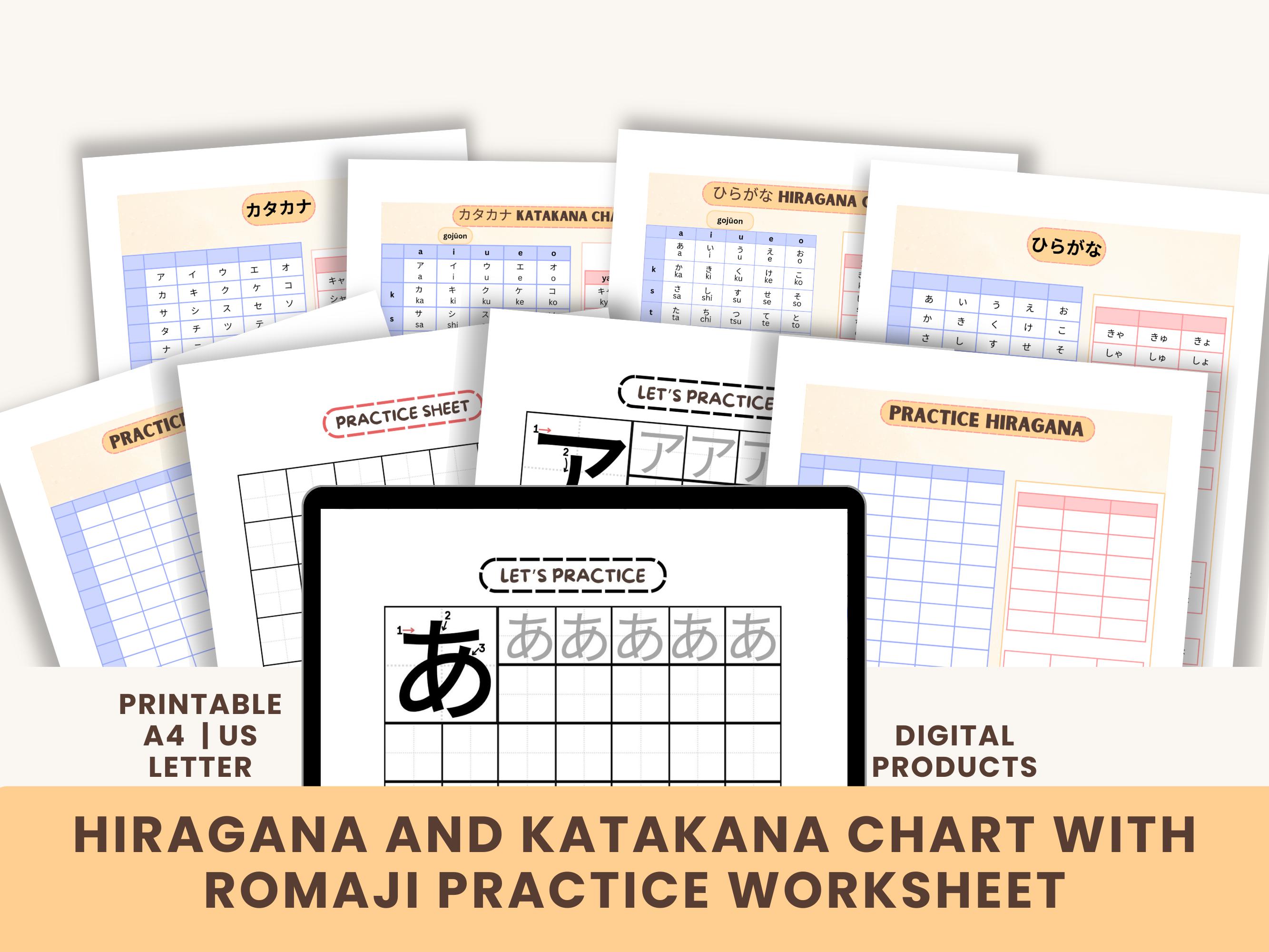 Hiragana Katakana Printable Charts and Tracing Practice Worksheets ...