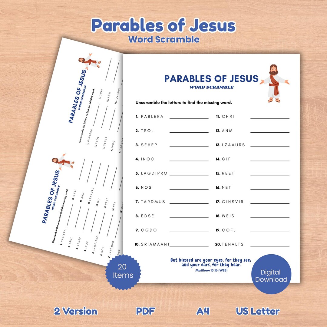 Parables of Jesus Word Scramble, Christian Bible Game Fill in Blank ...