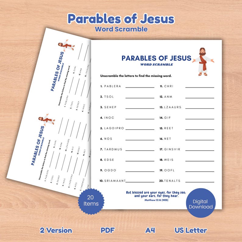Parables of Jesus Word Scramble, Christian Bible Game Fill in Blank ...