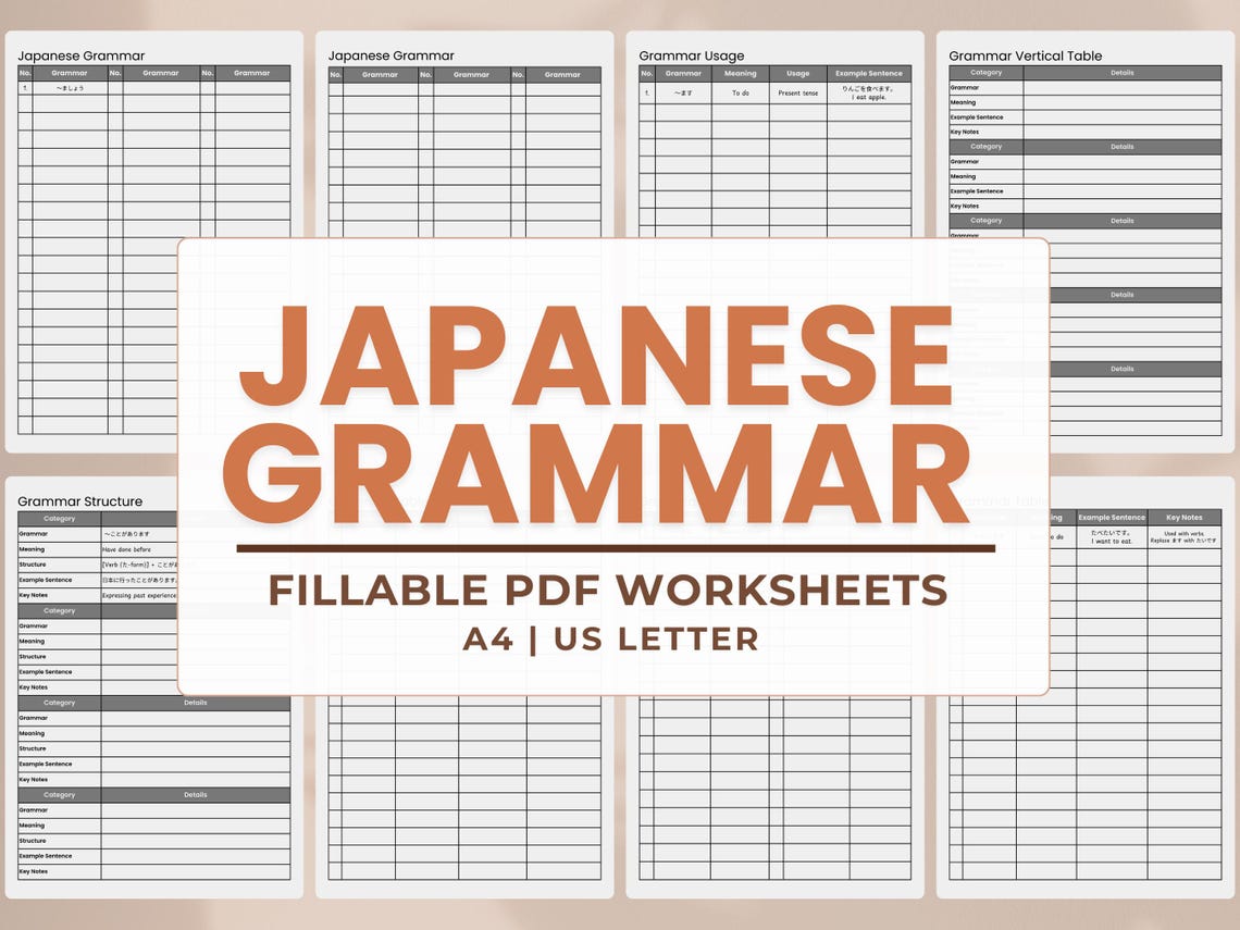 Japanese Grammar Practice Sheets Fillable PDF Worksheets | JLPT N5 N4 ...