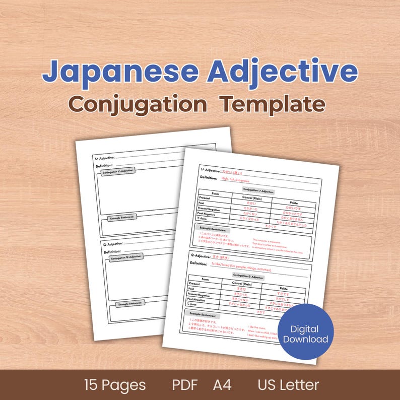 Japanese Adjective Conjugation Practice Sheet, JLPT N5 Study Guide (PDF ...
