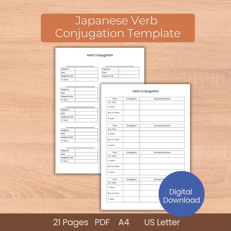 Japanese Verb Conjugation Work Sheet Template, Language Learning Self ...