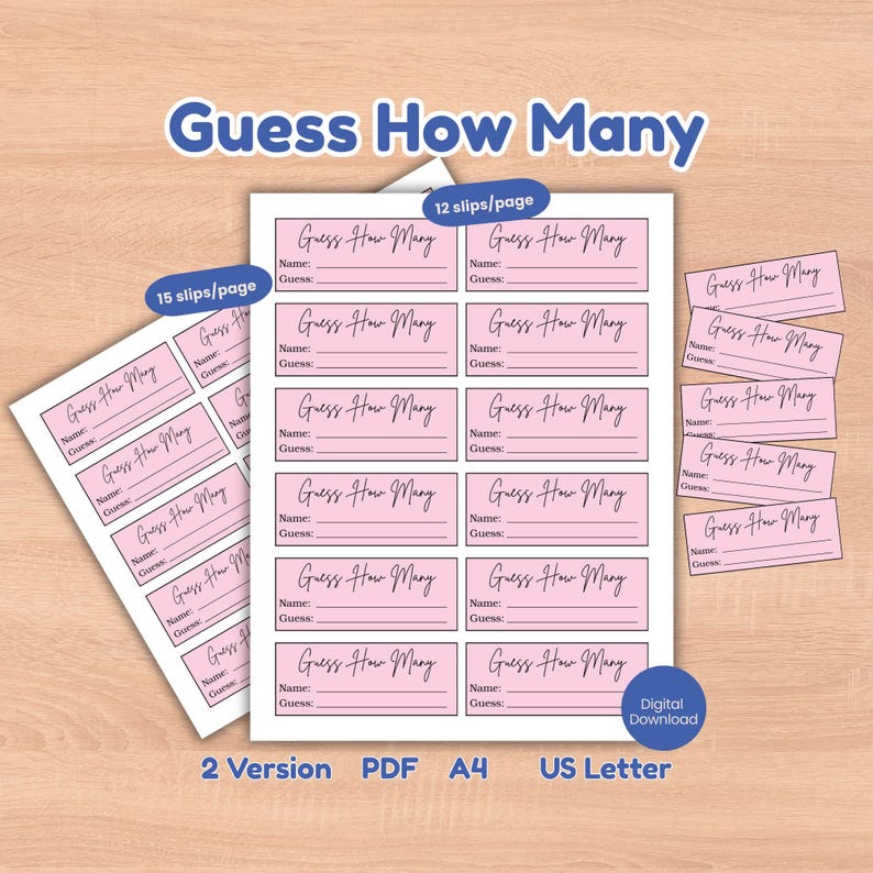 Guess How Many Template Entry Slips Guessing Game Cards Pink Name Phone ...