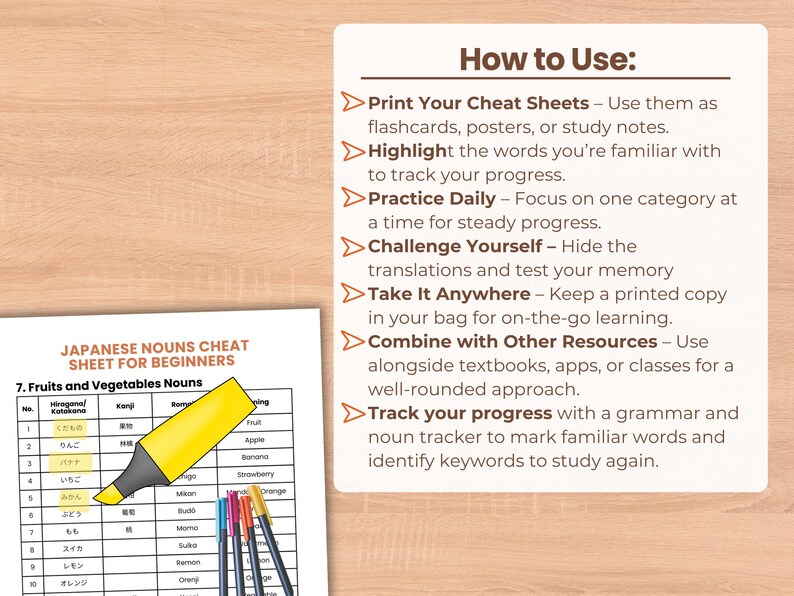 Japanese Noun Cheat Sheet for Beginner Printable PDF Vocabulary Study ...