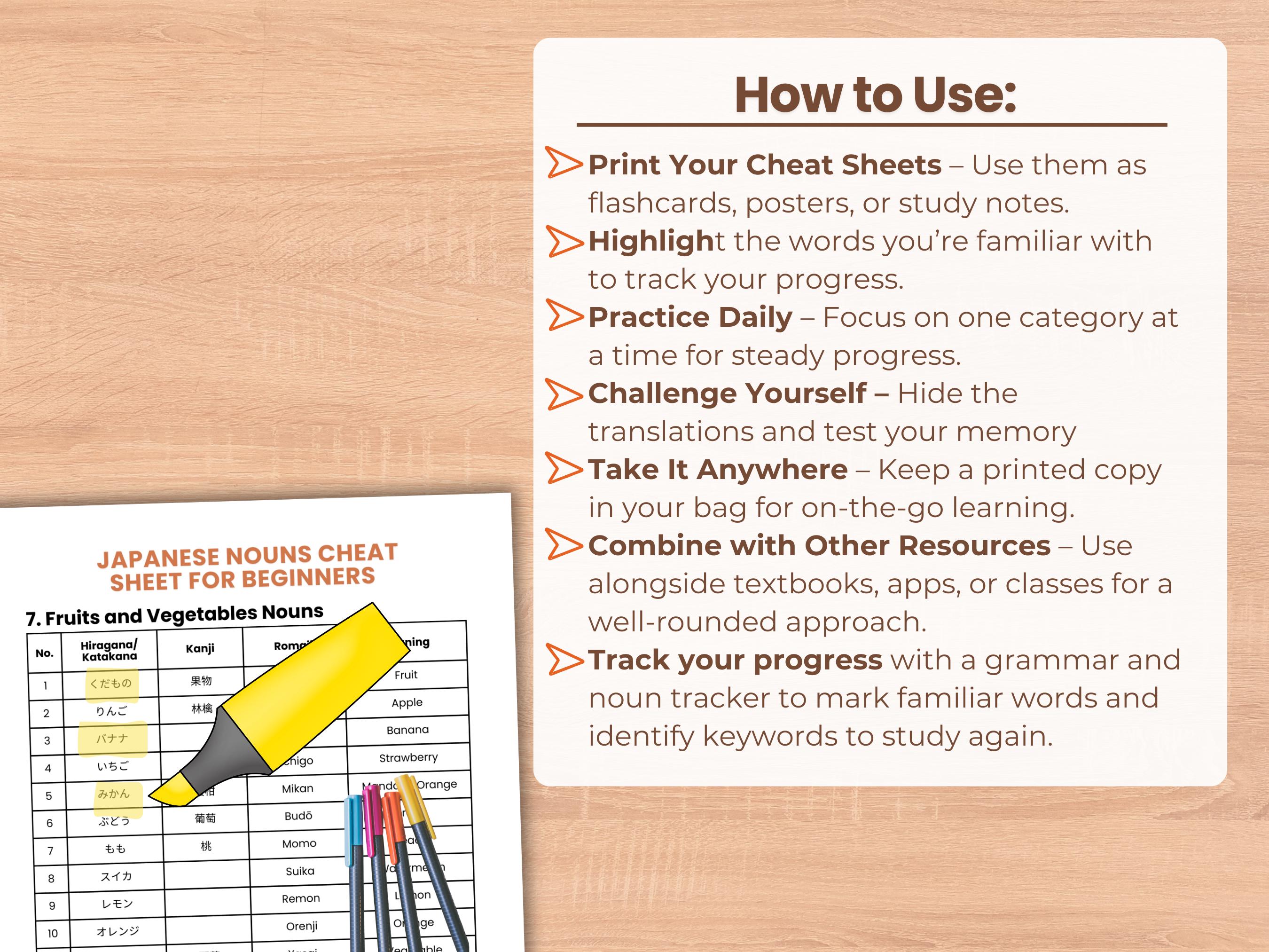 Japanese Noun Cheat Sheet for Beginner Printable PDF Vocabulary Study ...