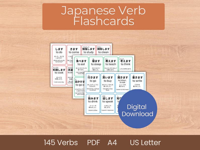 Japanese Verb Flashcards Hiragana Kanji Example Sentence Vocabulary ...
