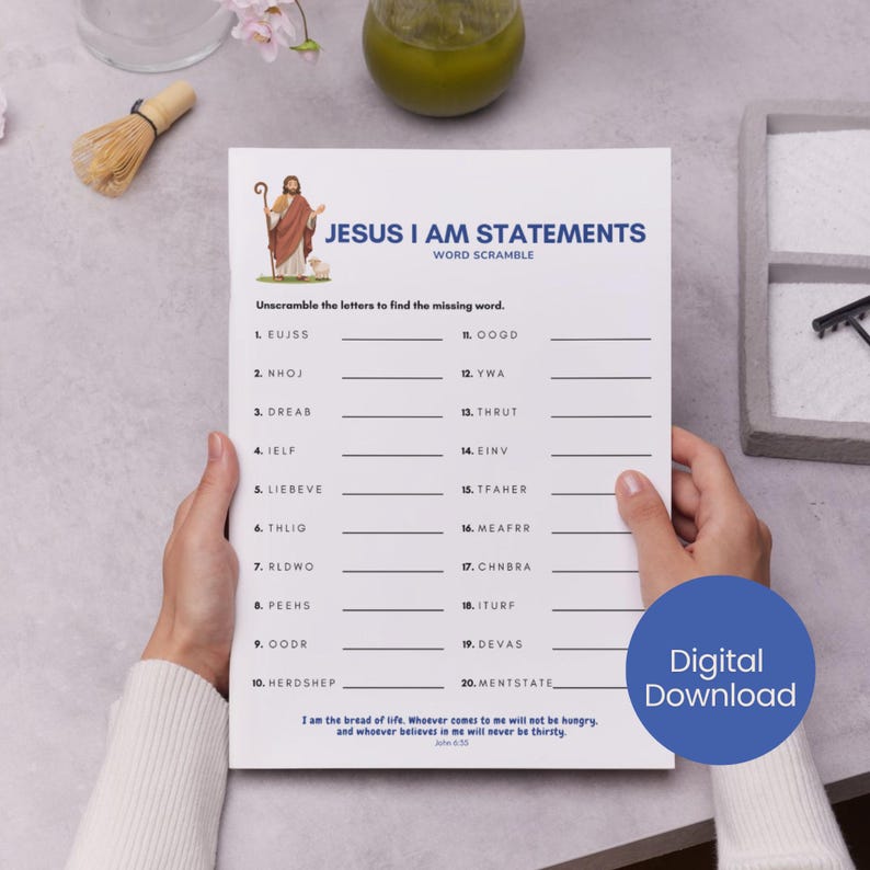 Jesus I Am Statements Bible Word Scramble Trivia Games Fill in Blank ...