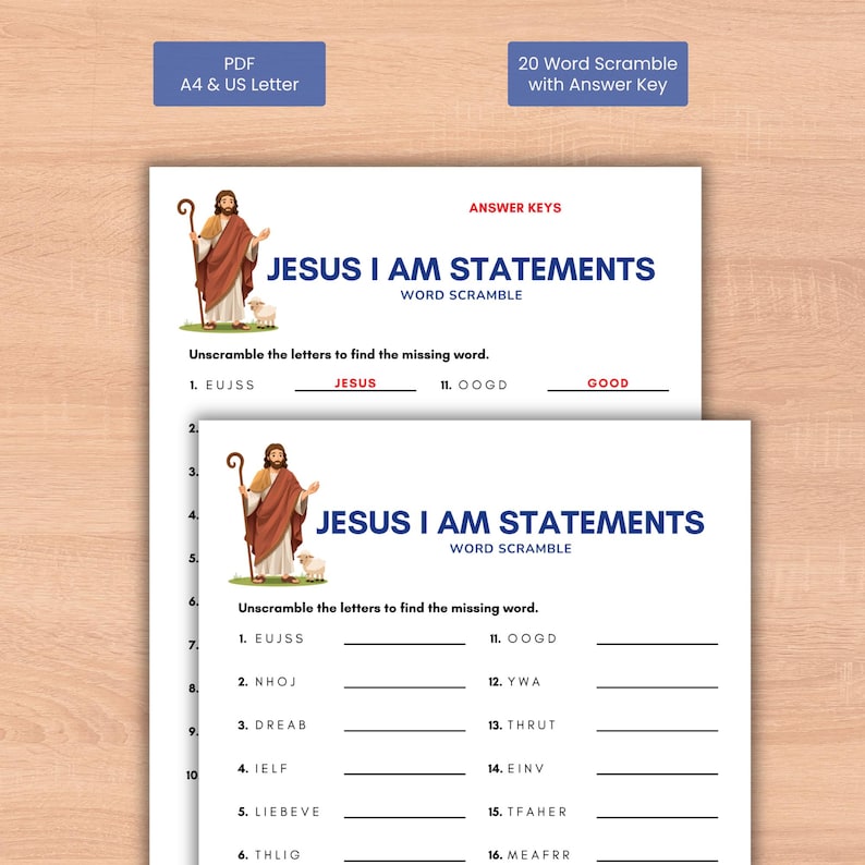 Jesus I Am Statements Bible Word Scramble Trivia Games Fill in Blank ...