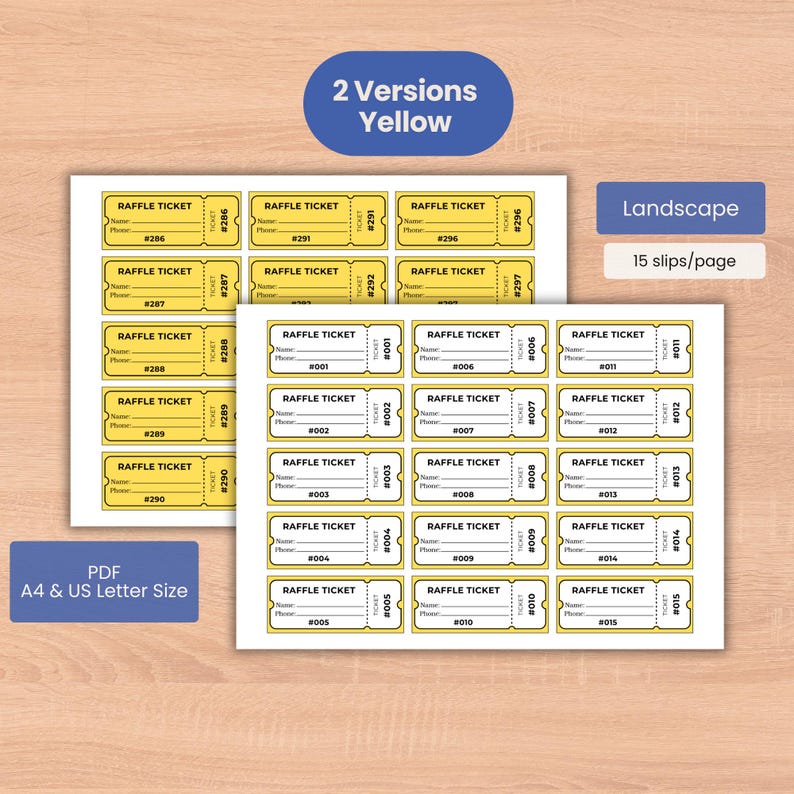 Raffle Ticket Numbers 1 to 300 Yellow Landscape Template Name Phone ...