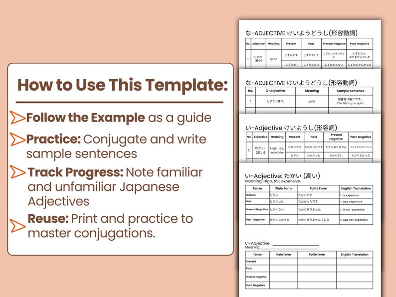 Japanese Adjective Conjugation Practice Sheets | Fillable PDF for い & な ...