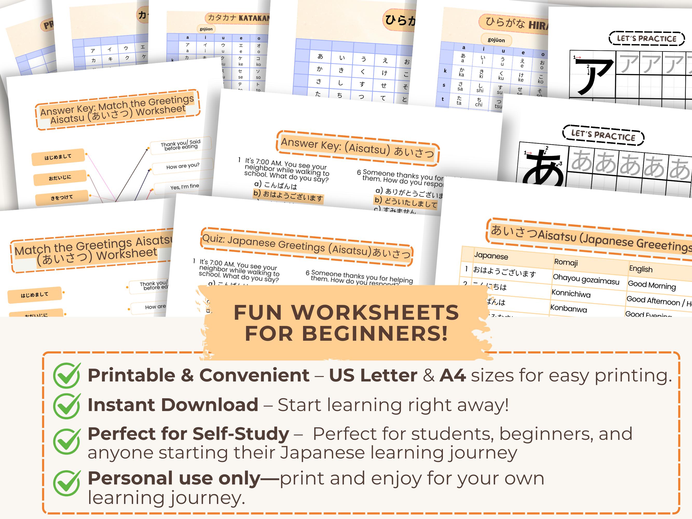 Japanese Learning Hiragana Katakana Worksheets | 40 Greetings Quizzes ...