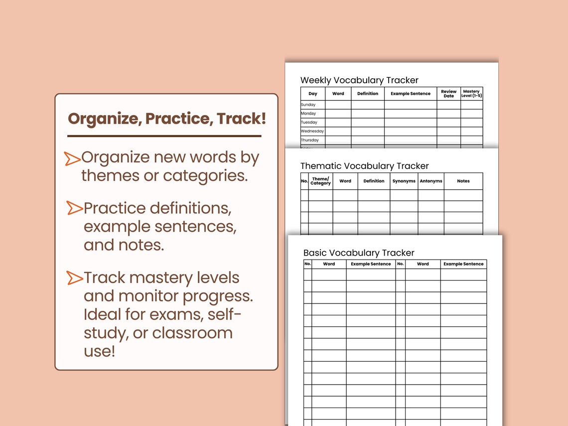 English Vocabulary Tracker Printable PDF Language Learning Planner ...
