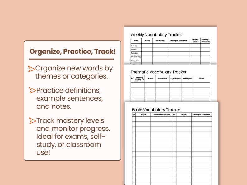English Vocabulary Tracker Printable PDF Language Learning Planner ...