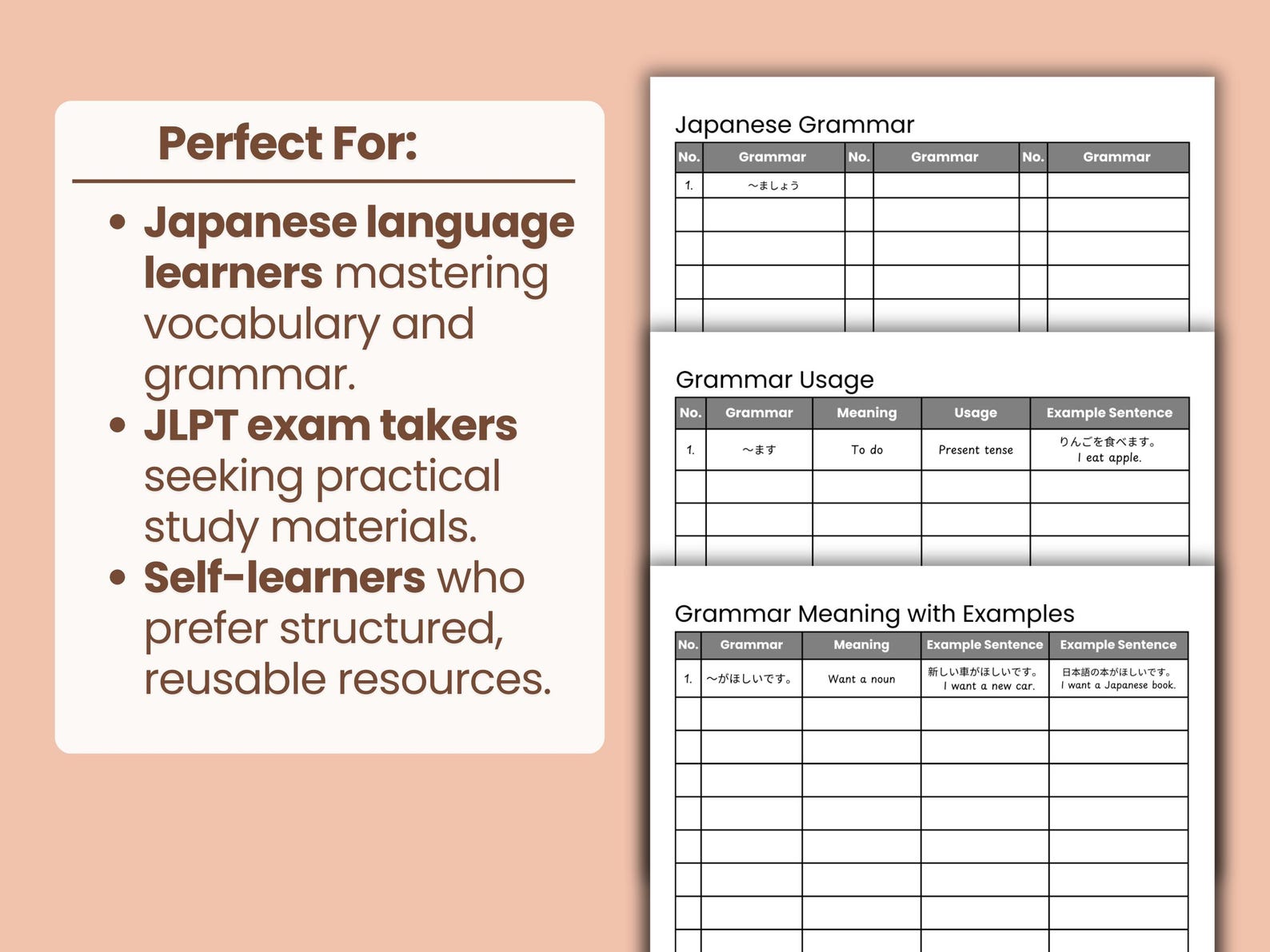 Japanese Grammar Practice Sheets Fillable PDF Worksheets | JLPT N5 N4 ...