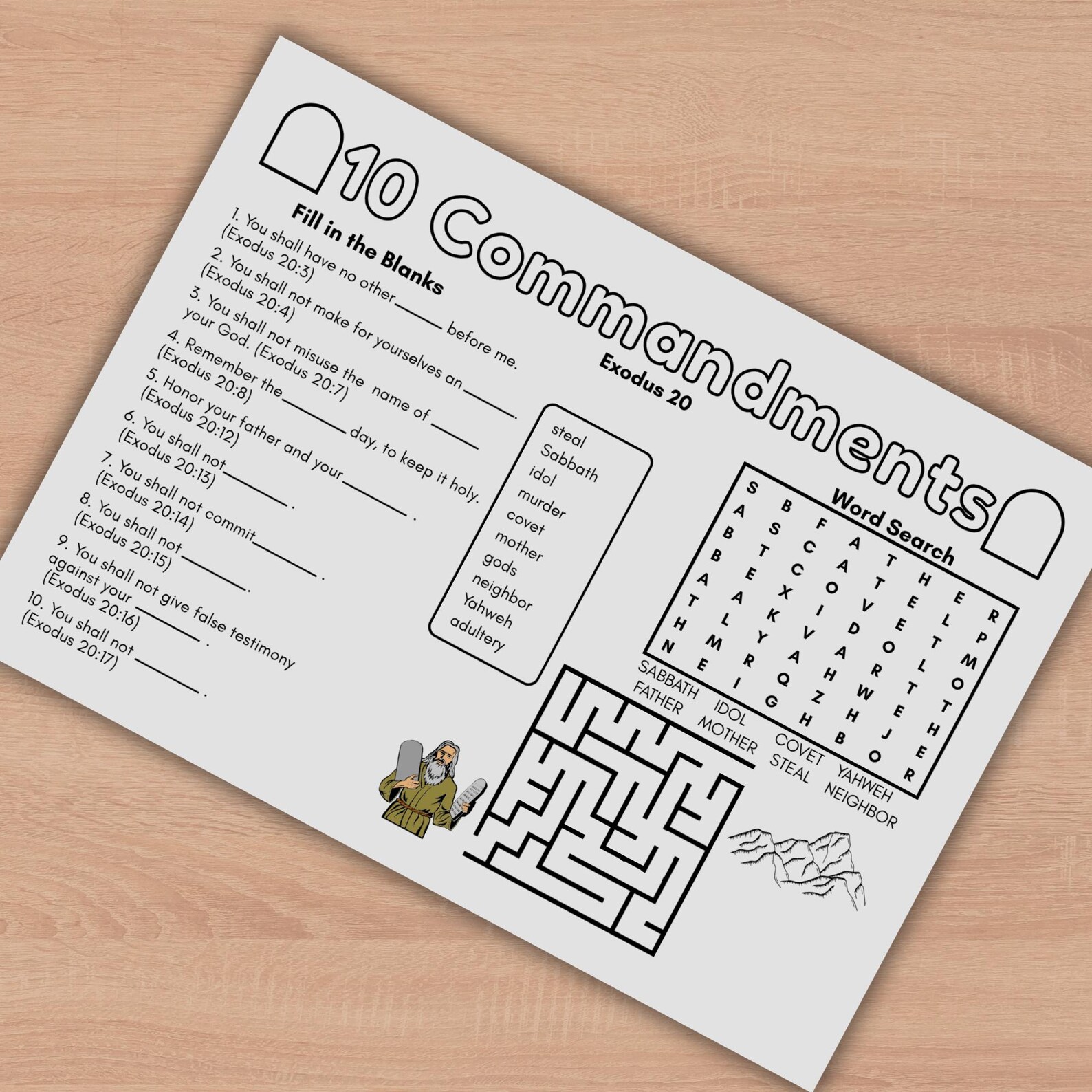 10 Commandments Word Search Fill Blank Quiz Maze Puzzle, Bible Verse Activity Worksheet Exodus ...
