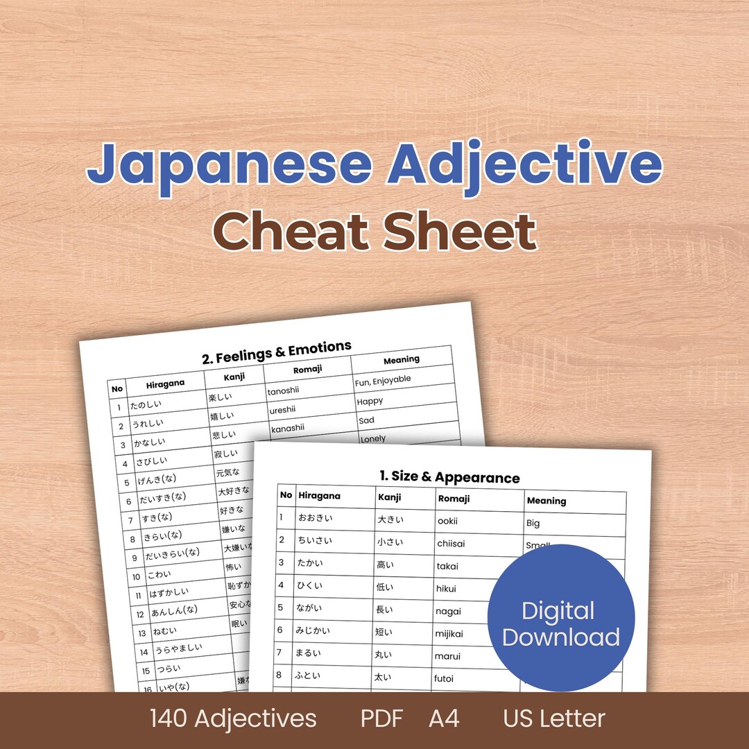 Japanese Adjectives Cheat Sheets | JLPT N5/N4 Beginner Printable PDF ...
