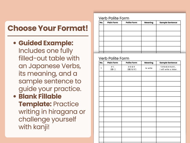 Japanese Verb Conjugation Learn Practice Sheets Template | Fillable PDF ...