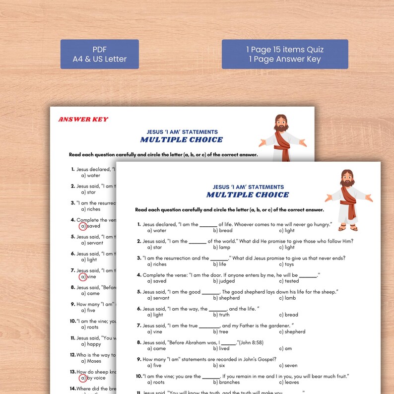 Jesus 'I Am' Statement Multiple Choice Quiz Activity Worksheet Bible ...