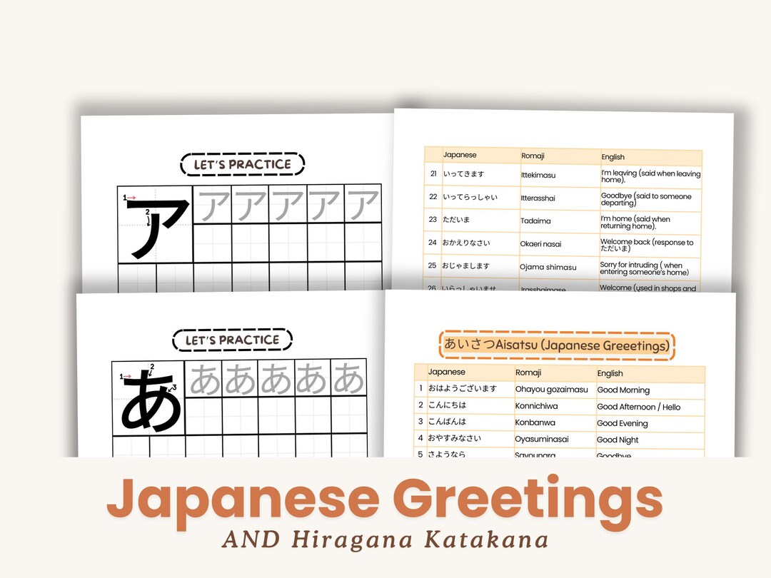 Japanese Learning Hiragana Katakana Worksheets | 40 Greetings Quizzes ...