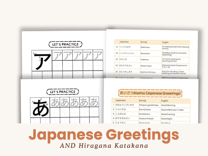 Japanese Learning Hiragana Katakana Worksheets | 40 Greetings Quizzes ...