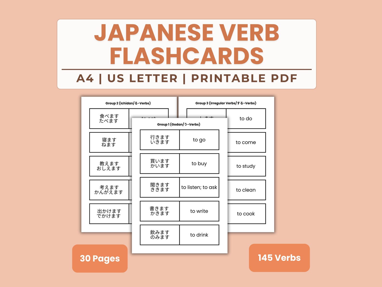 Japanese Verb Flashcards Beginner Language Learning JLPT N5 Kanji ...