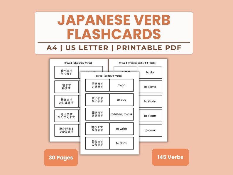 Japanese Verb Flashcards Beginner Language Learning JLPT N5 Kanji ...