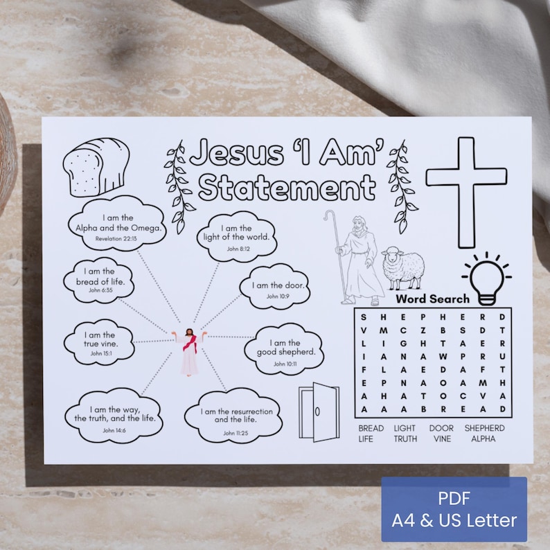 Jesus I Am Statements Coloring Page Word Search Puzzle, Bible Verse ...
